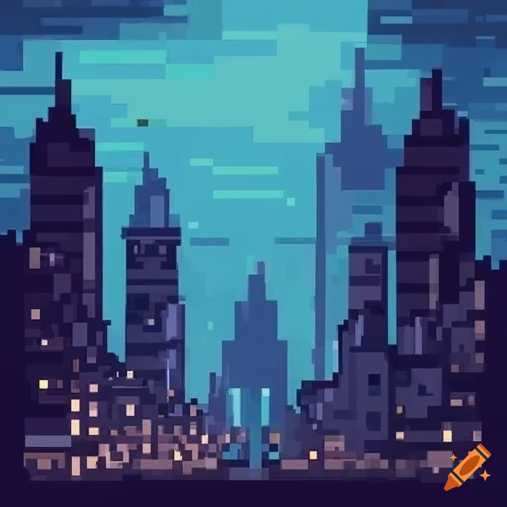 Create a depressing pixel art of a very detailed city, with proper shaders and shadowing on Craiyon