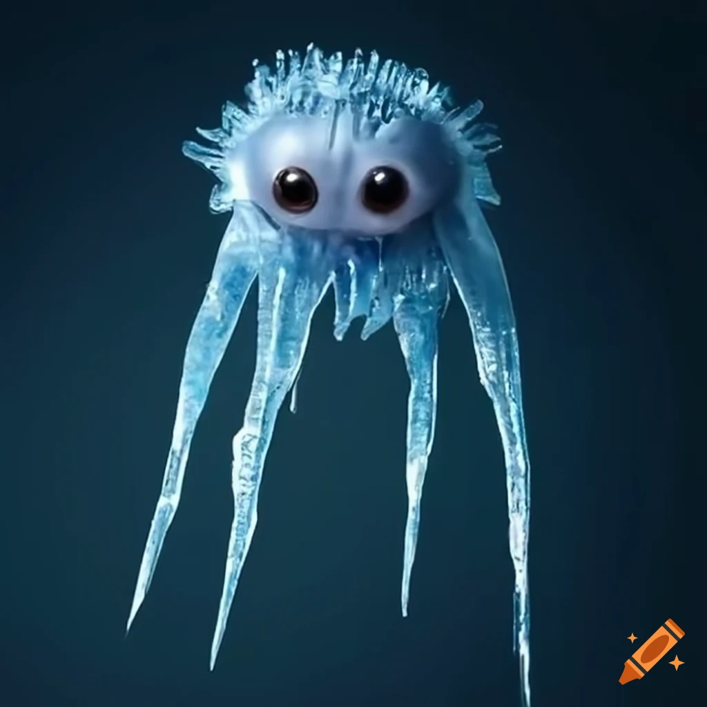 A thin, lean ice insect monster made of thin transparent icicles. it ...