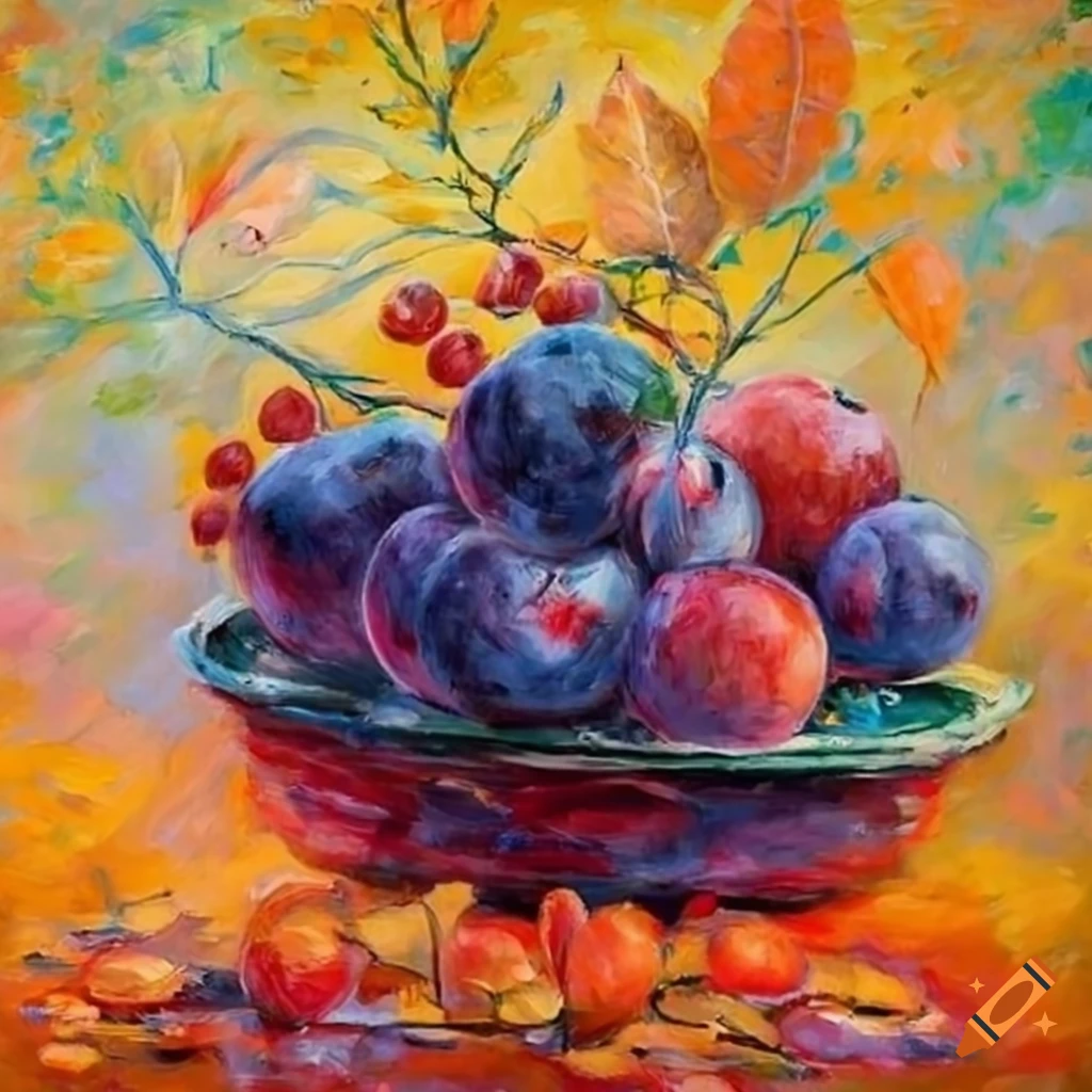 A vivid autumn harvest painting with ripe fruits and vibrant foliage ...