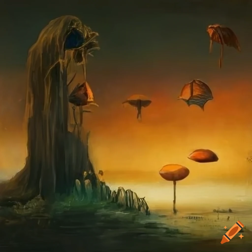 Unidentified flying objects landscape painting rain champigons