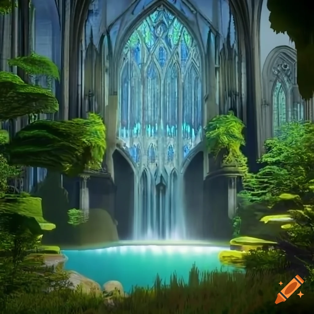 Multi-level mystic cathedral and houses, lush tropical landscaping ...