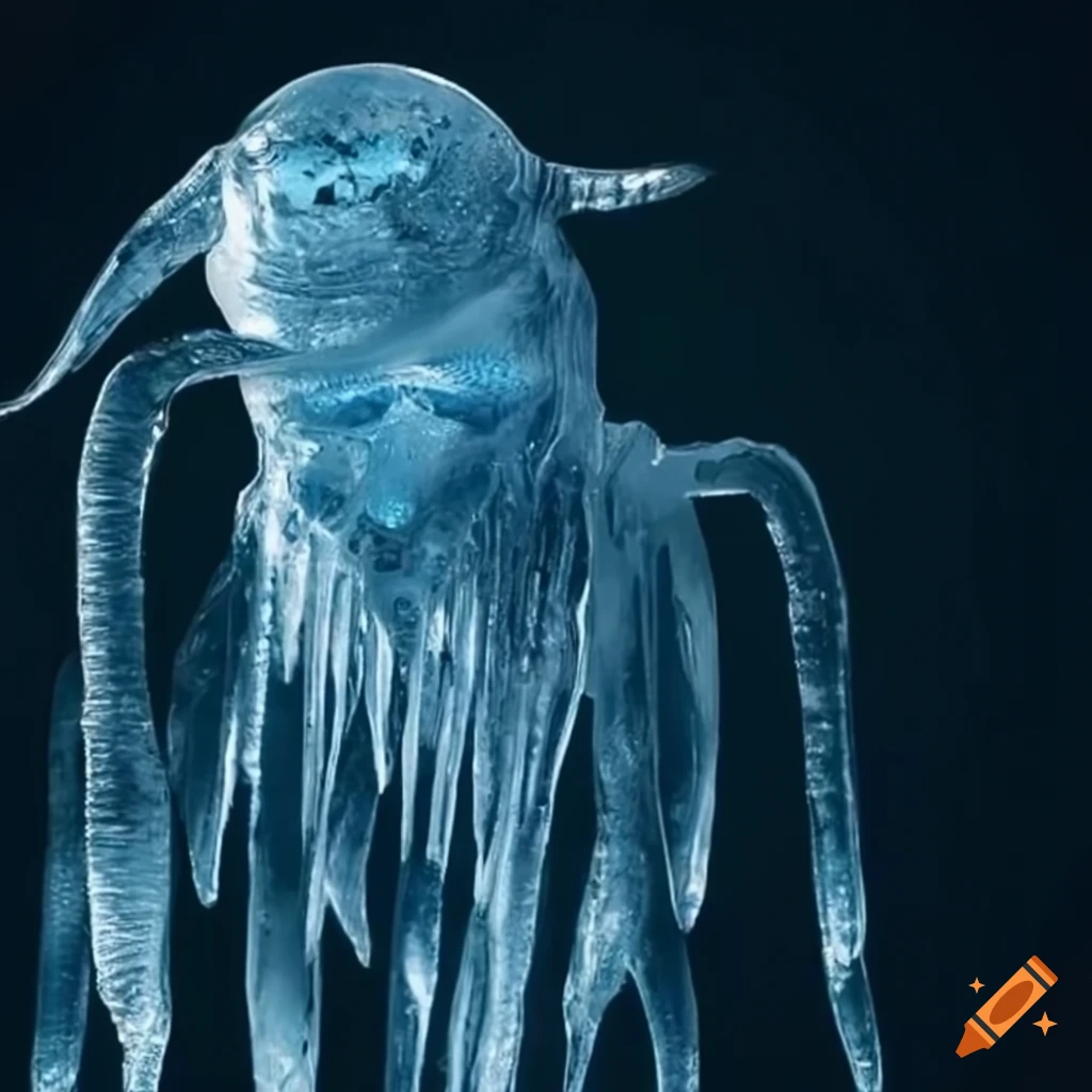 A thin, lean ice insect monster made of thin transparent icicles. it ...