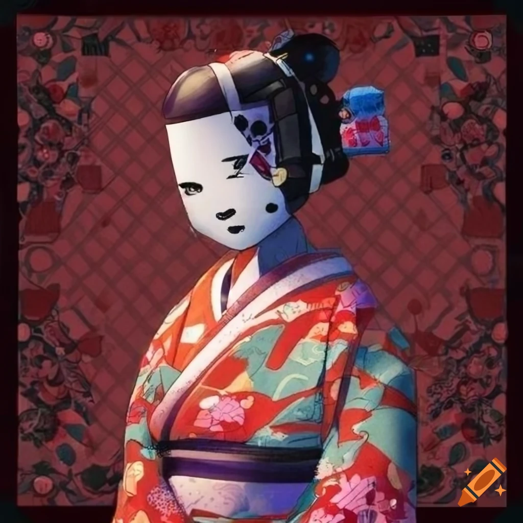 Japanese woman robot in lush kimono in komon print pattern, inspired by ...