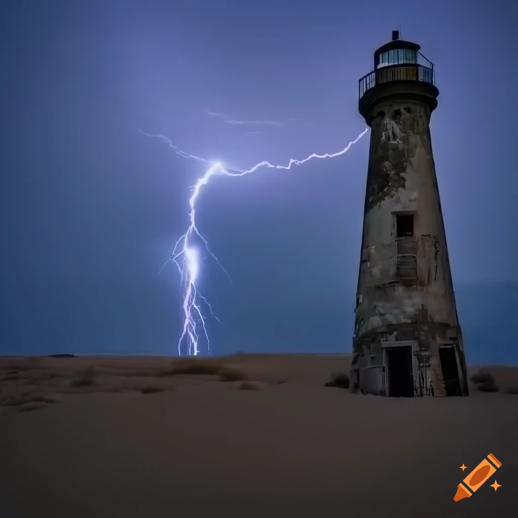 ((abandoned lighthouse in the desert at night)), ((lots of lightning ...