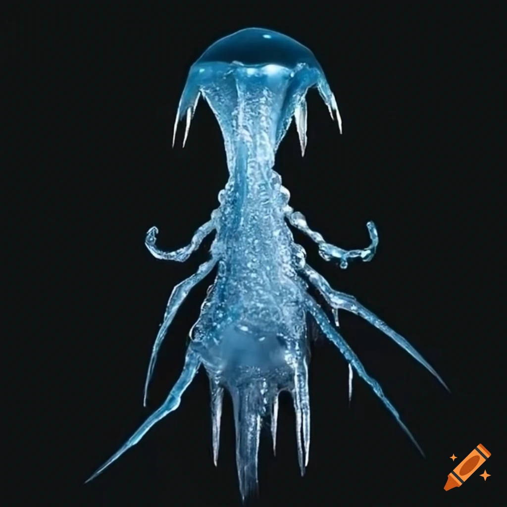 A thin, lean ice insect monster made of thin transparent icicles. It ...