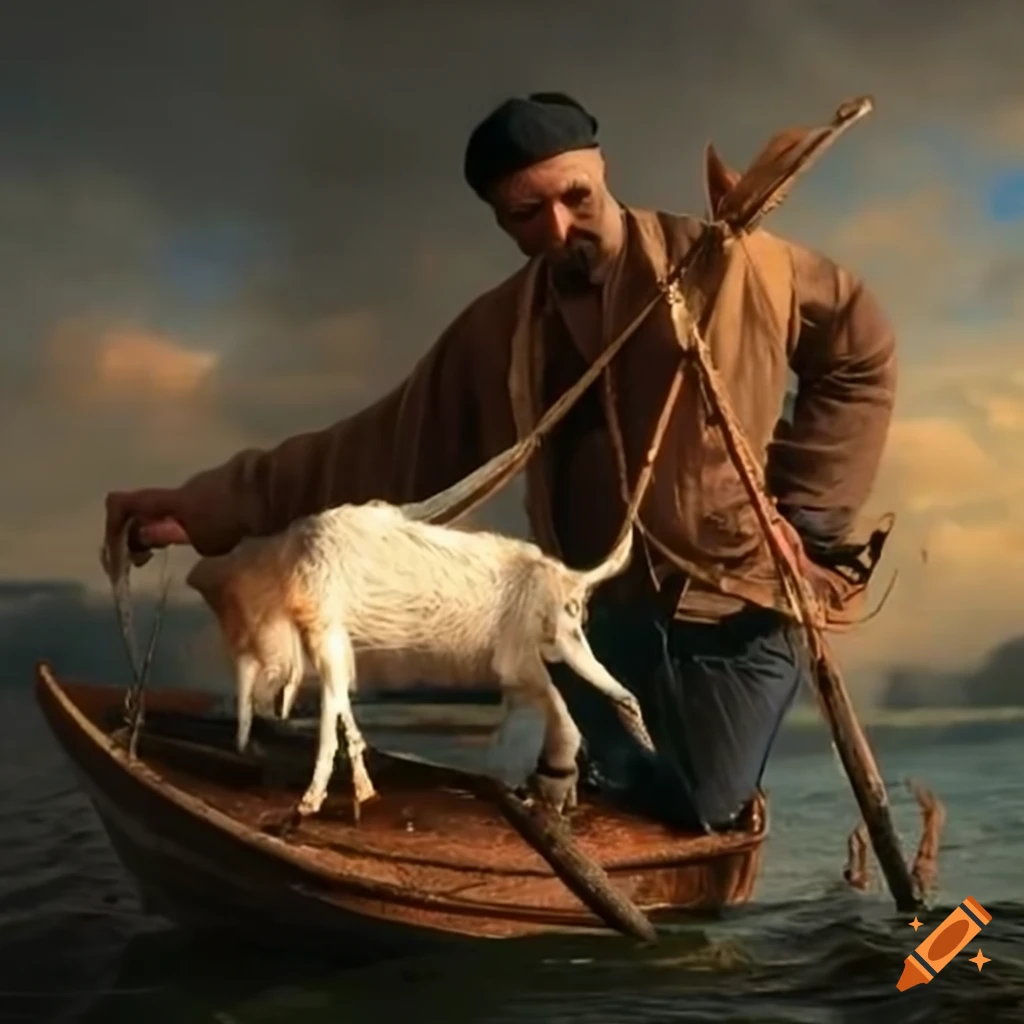 A men on boat with goat