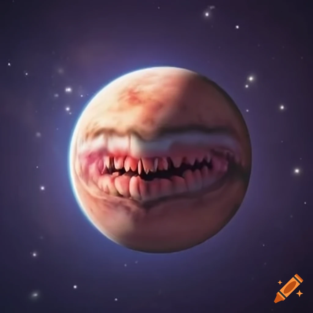 Planet with a giant mouth and jagged teeth floating in space on Craiyon