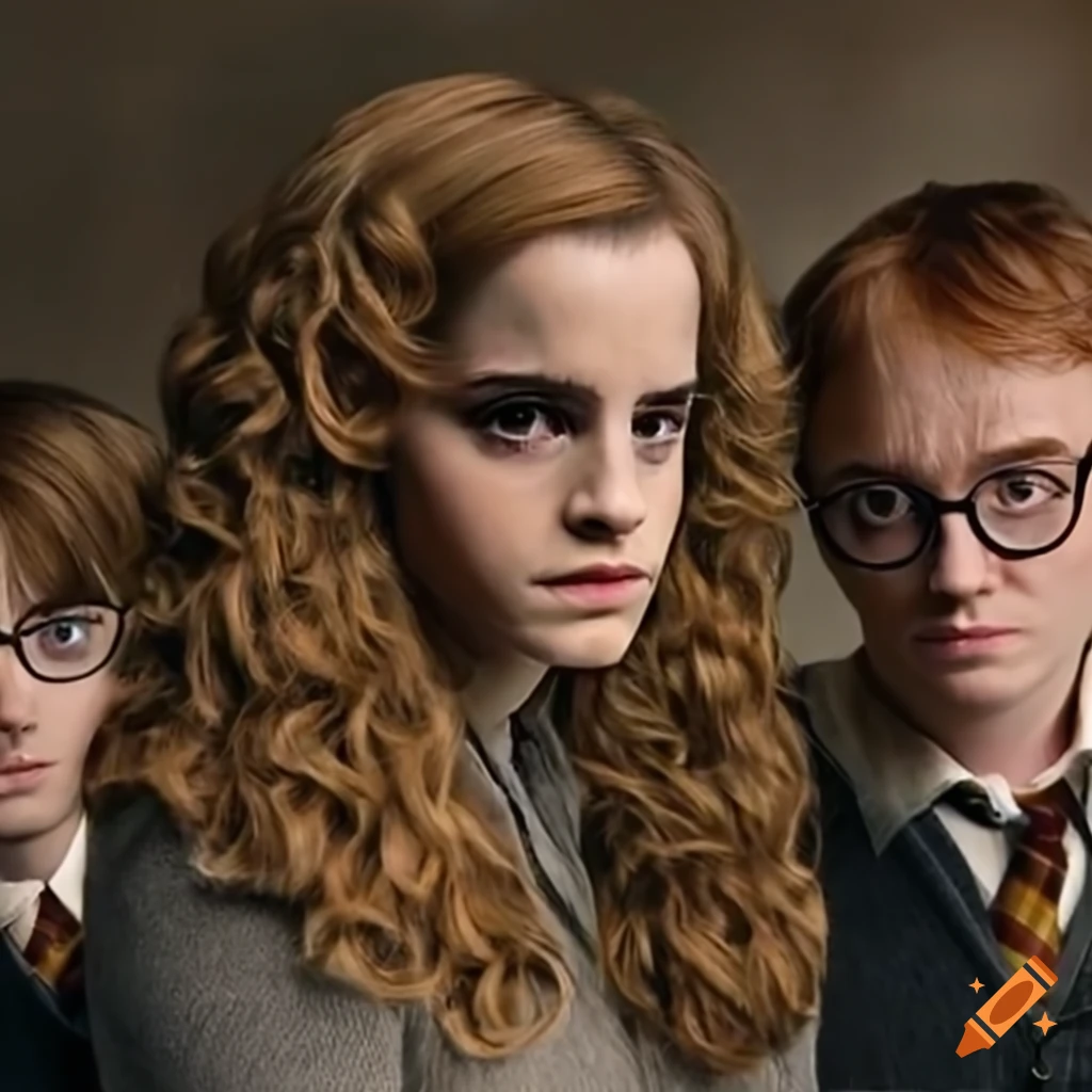 A playful face swap of Harry, Ron, and Hermione with Emma Watson on Craiyon