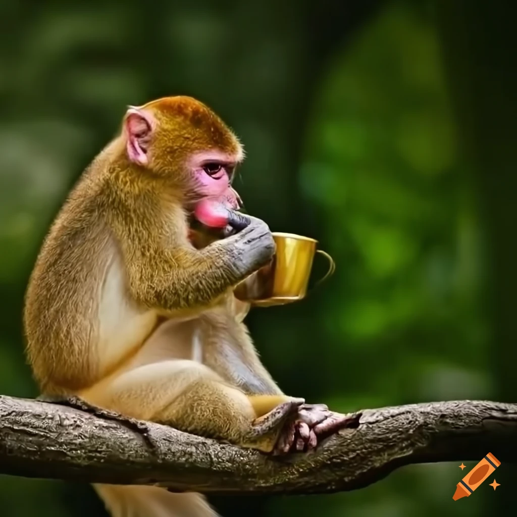 A monkey sitting on a branch drinking a cup of tea highly detailed on Craiyon