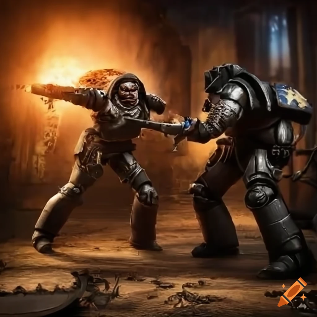 Photo realistic warhammer 40,000 duel between two heroes, action battle ...