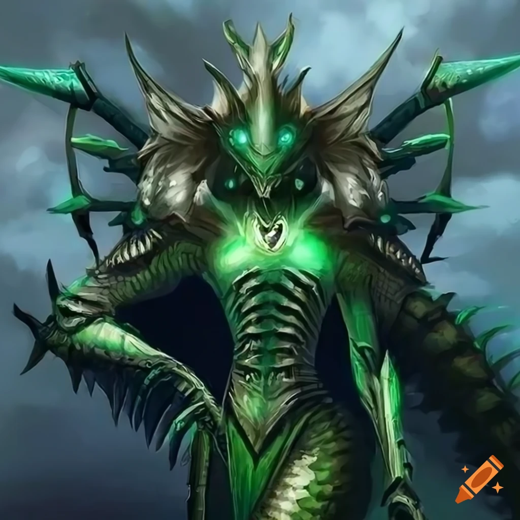 Sci-fi fantasy art of a monstrous reptile alien queen with a headdress ...