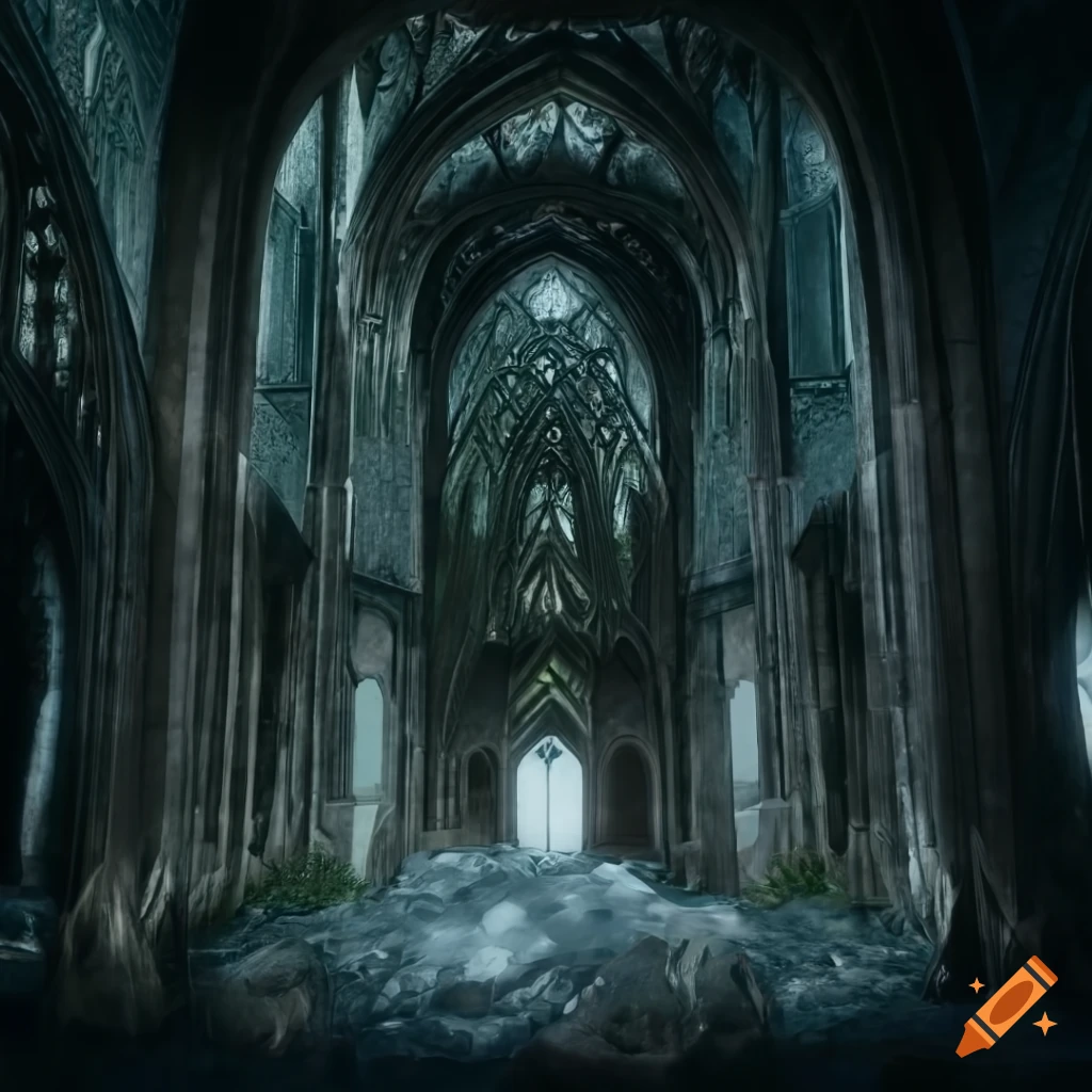 A mystic cathedral filled with crystals, pond, stone overgrown with ...