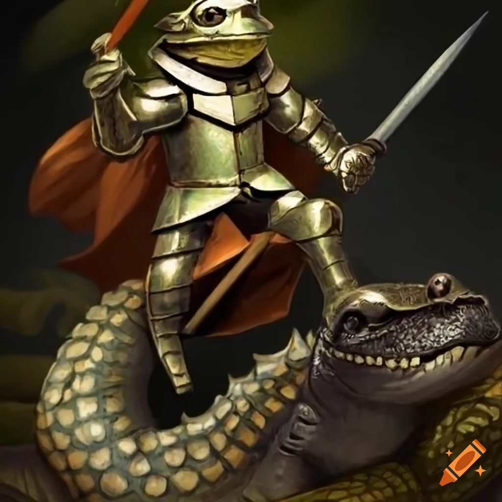 Armored frog knight with a lance riding an alligator on Craiyon
