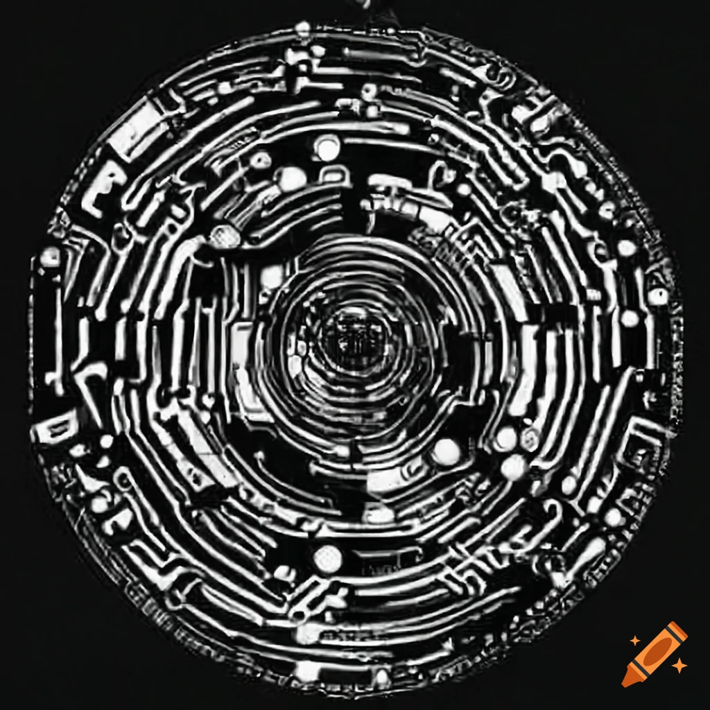 Circuit board moon drawing by yoji shinkawa black and white on Craiyon