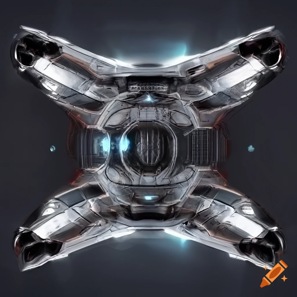 A futuristic spaceship with metallic exterior and intricate designs ...