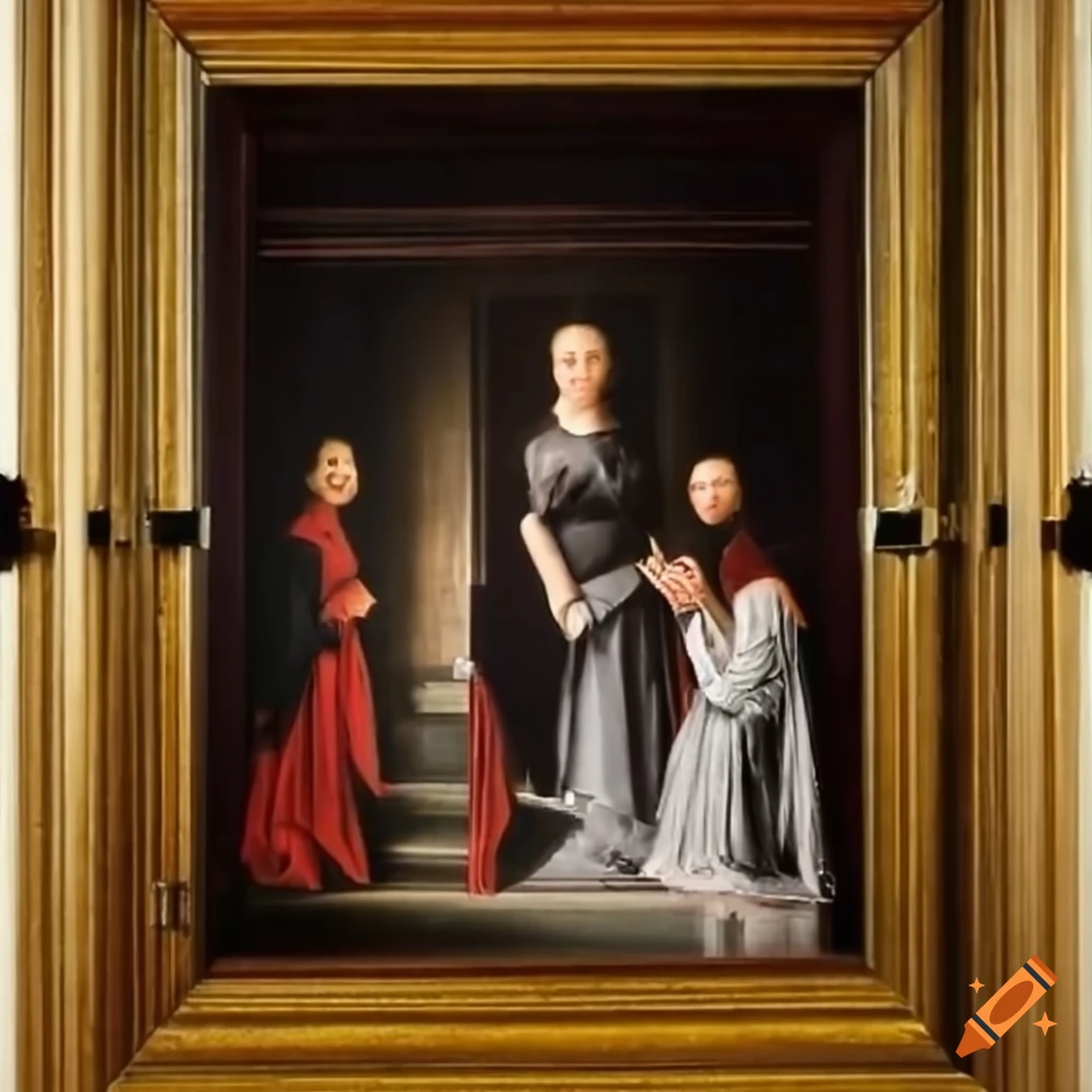 Funeral behind picture frame of a triptych on Craiyon