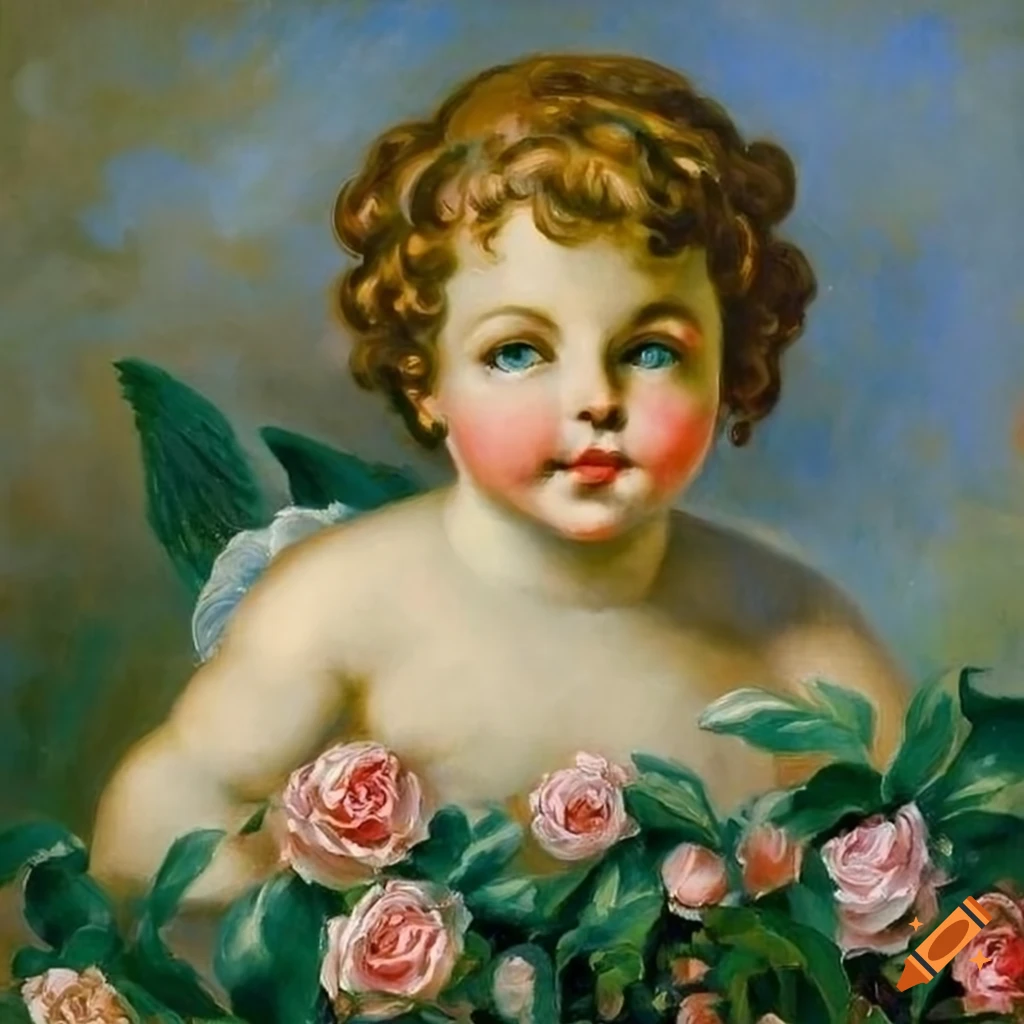 A cherub with wings, peaceful expression, surrounded by roses,Monet on ...