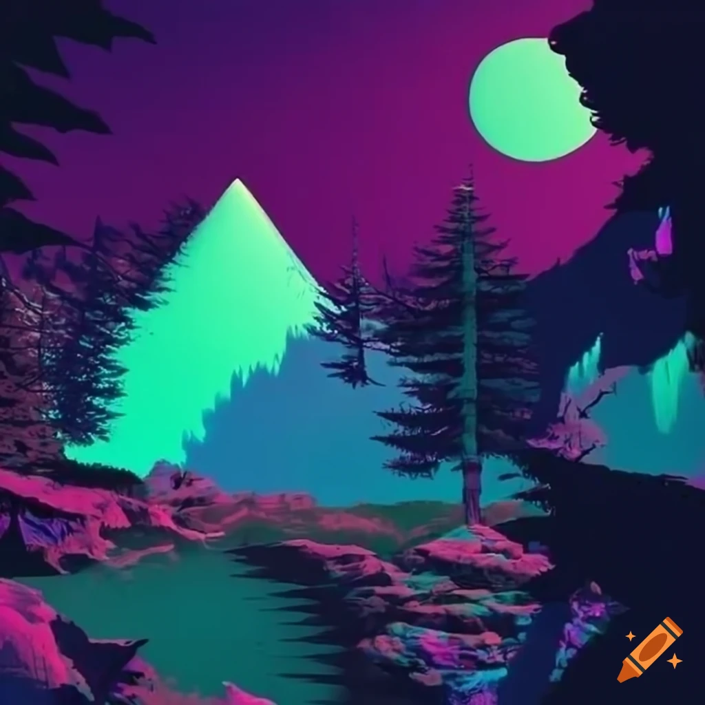 80’s vaporwave shapes nature forrest trees on Craiyon