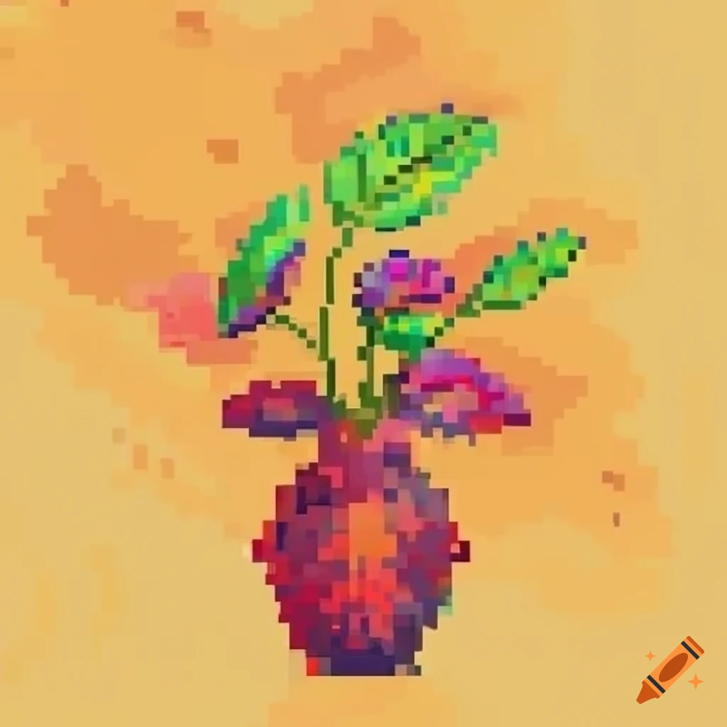 Pixel art of a fantastical plant with vibrant colors