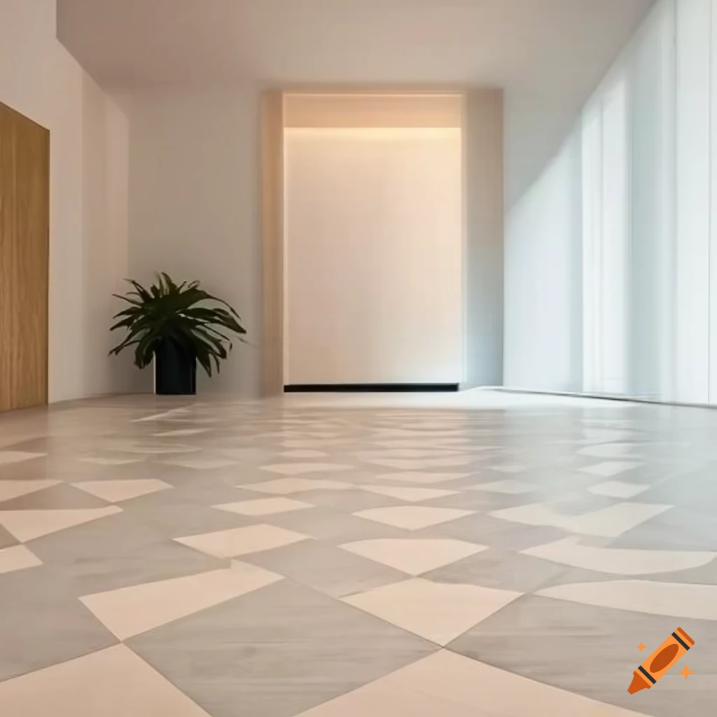 Modern geometric floor tiles in a spacious and well-lit room on Craiyon