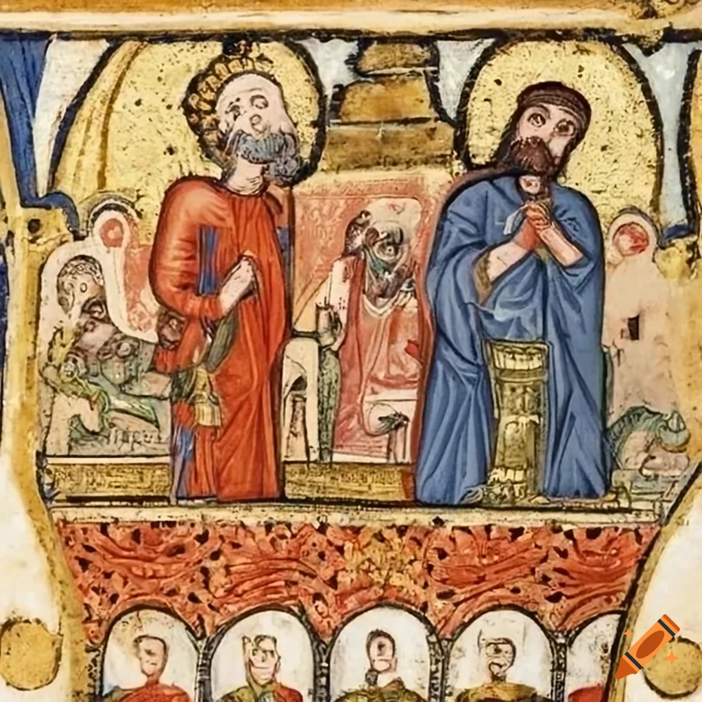 A rare medieval illustration of jesus and barabbas with intricate ...