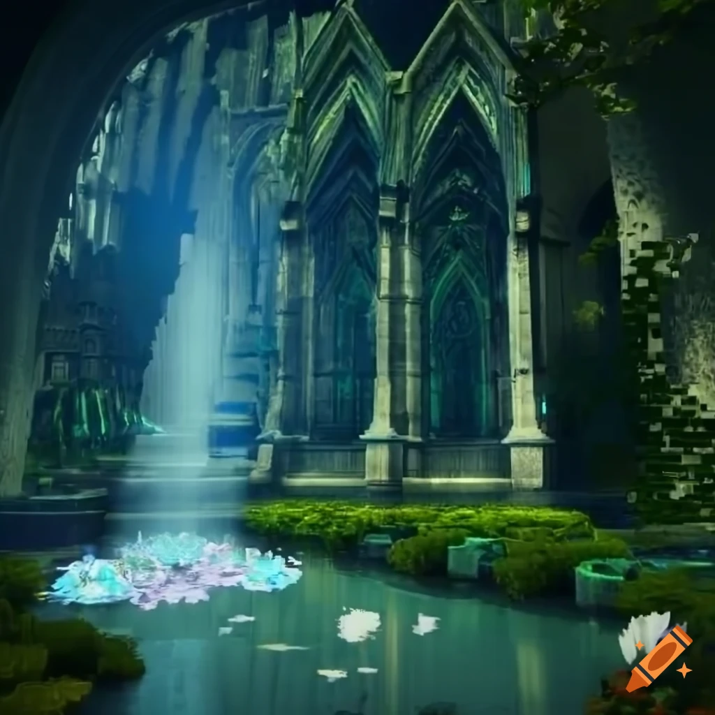 A mystic cathedral filled with crystals, pond, lush vegetation, portal ...