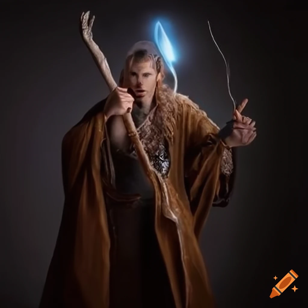 A powerful male elven wizard summoning flames with a radiant staff on ...