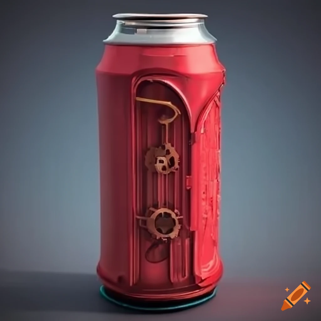 A steampunk-inspired deep red soda can in a flashy futuristic setting ...