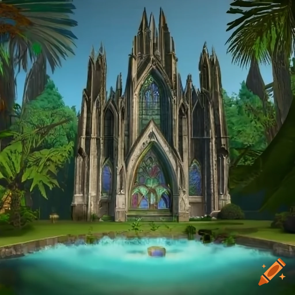 Multi-level mystic cathedral and houses, lush tropical landscaping ...
