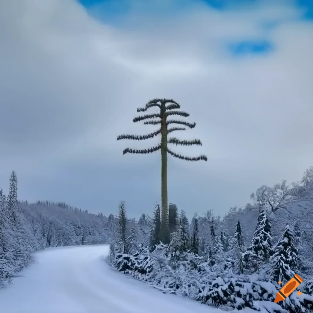 Generate a hyper-realistic image of a winter landscape. The focus is on ...