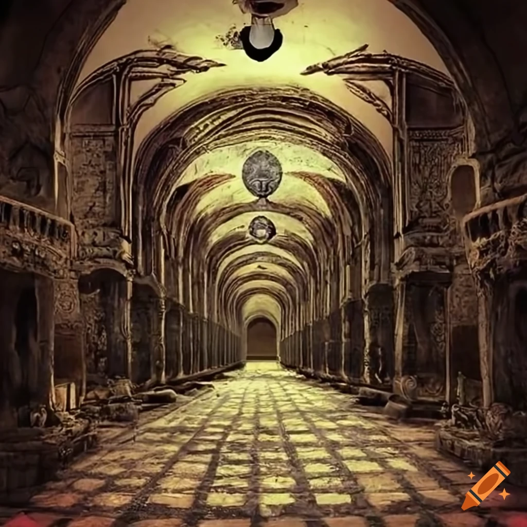 A mystical corridor in a crypt with ancient relics and skeletons
