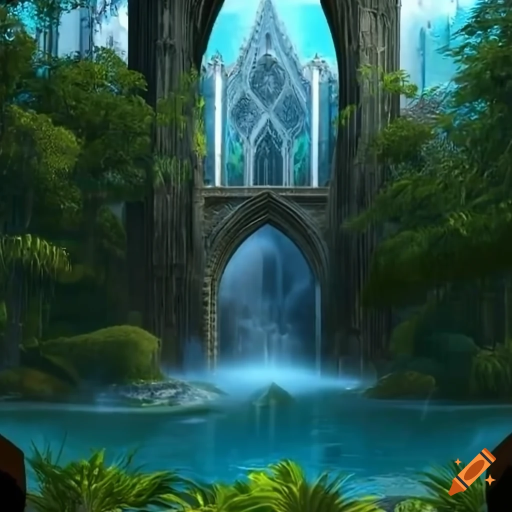Multi-level mystic cathedral and houses, lava fields, lush tropical ...