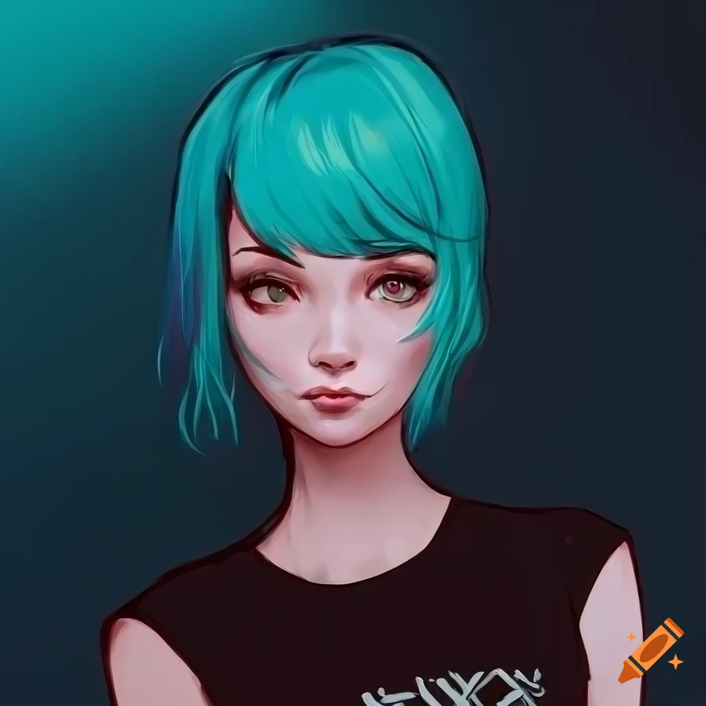 Mid body portrait of beautiful women with turquoise wavy hair wearing black t-shirt, trending on ...