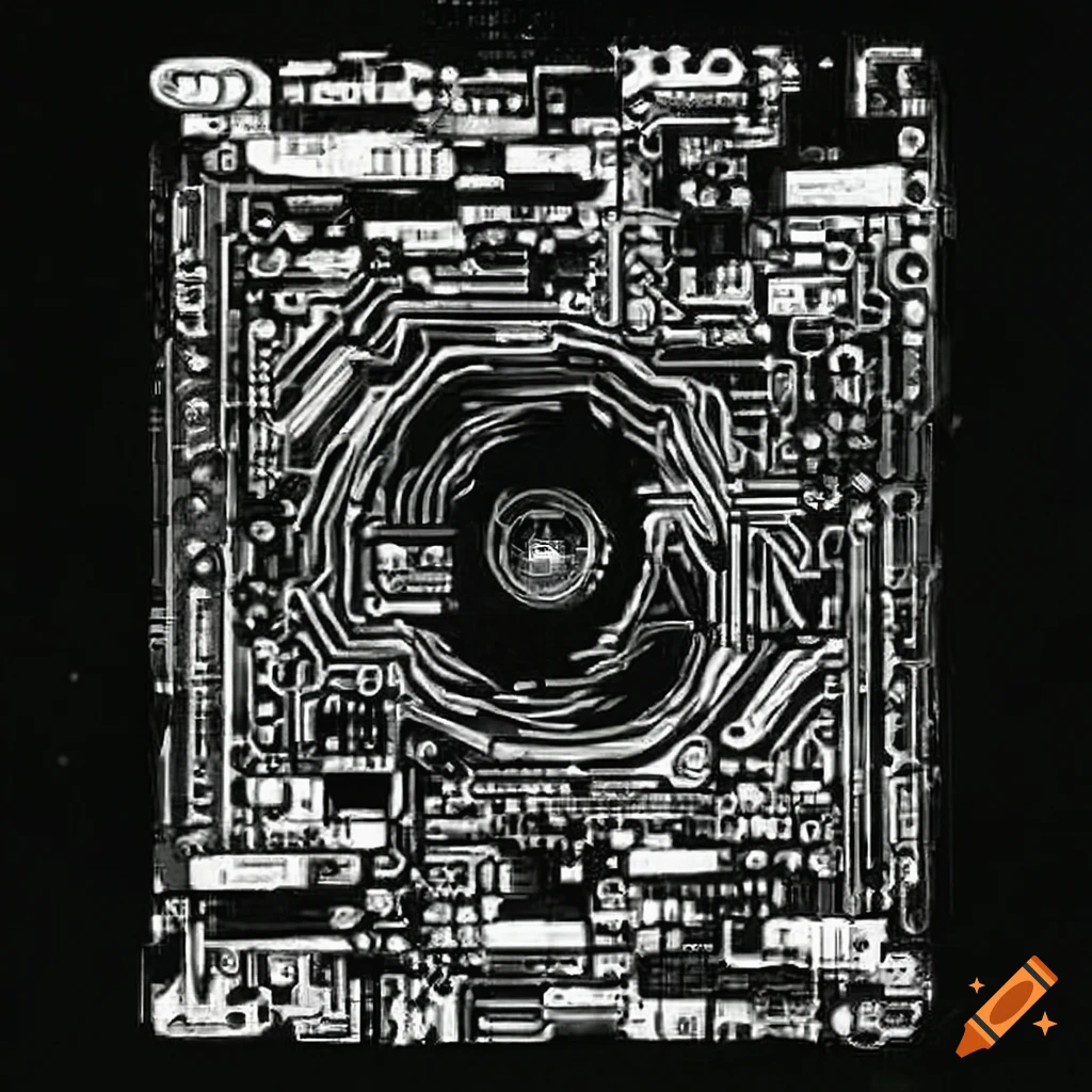Circuit board moon drawing by yoji shinkawa black and white