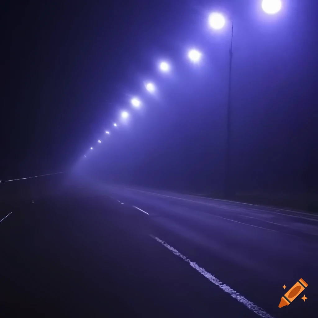 Real life, horror, liminal space, street lights, shining on a road, in ...