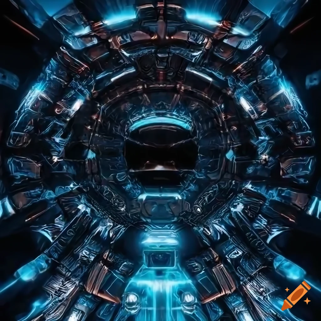 A futuristic spaceship with metallic exterior and intricate designs ...