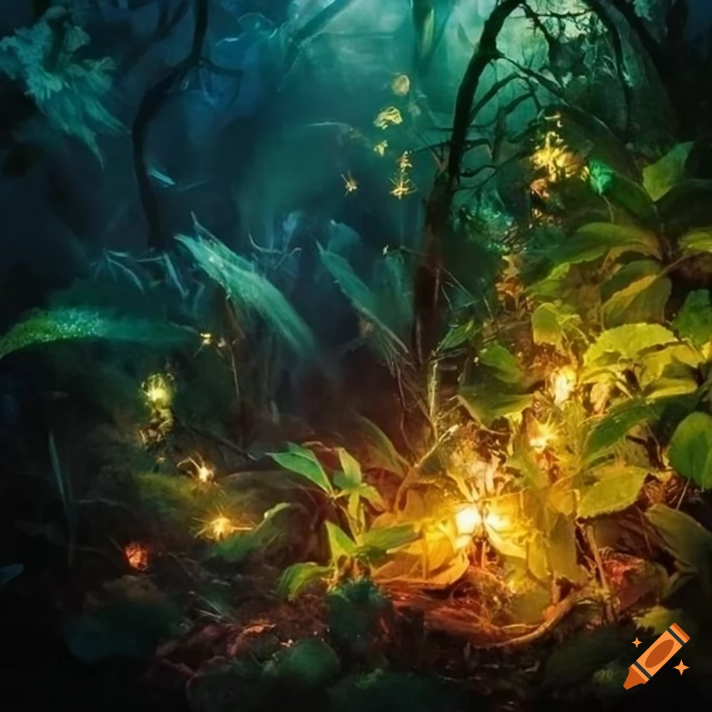 A magical plant full of lights and flashes of light, epic fantasy art ...