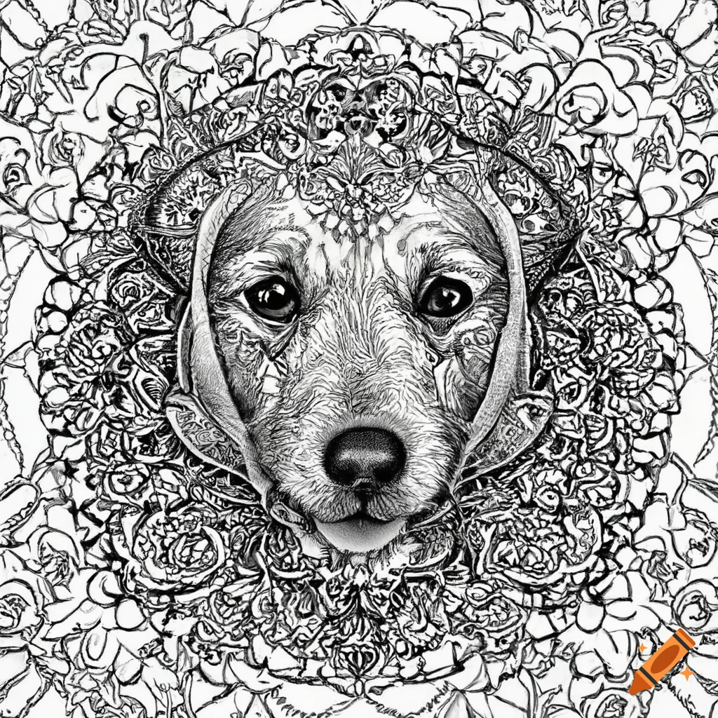 Colouring pages, mandala dog image (golden retriever), white background
