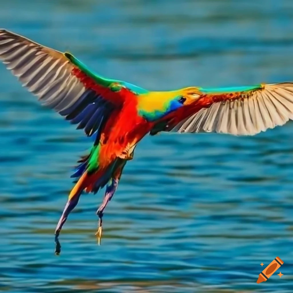 Lage colourful bird flying and swooping above the lake