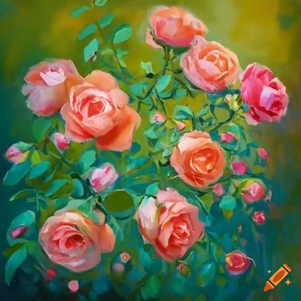 A beautiful garden of blooming roses, painted in monet's style on Craiyon