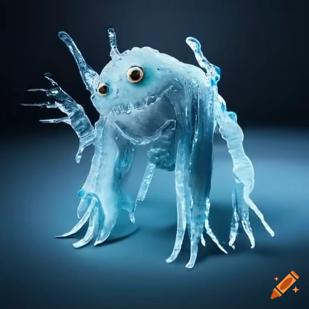 A thin, lean ice insect monster made of thin transparent icicles. it ...