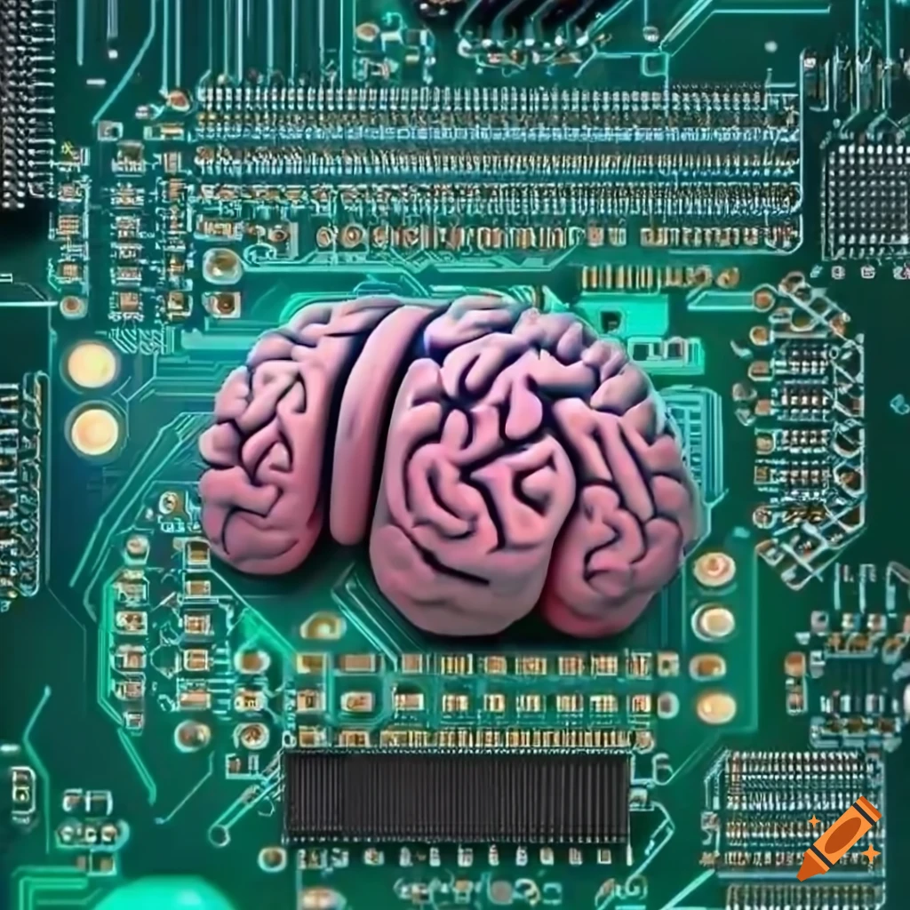 A human brain sitting on top of a computer chip on a mainboard, highly ...