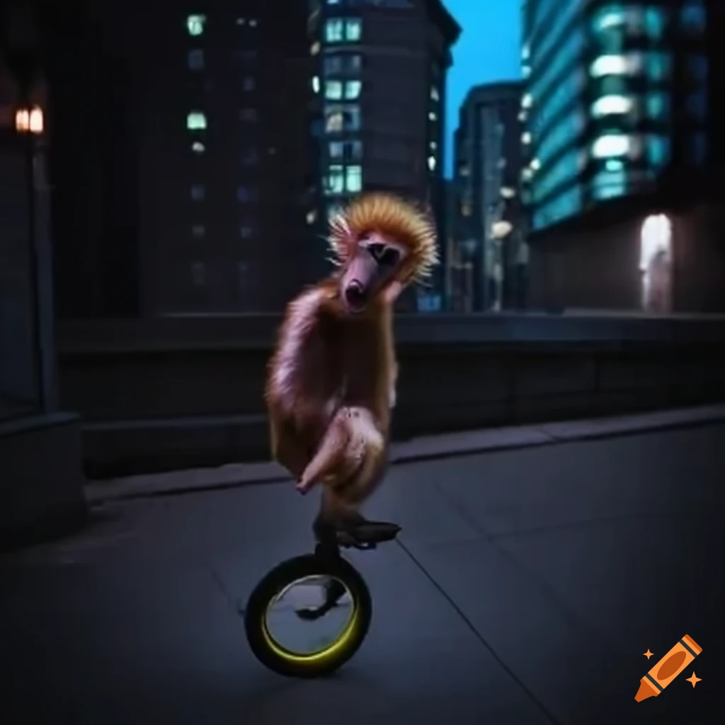 Monkey rididng a unicycle in a cyber punk city on Craiyon