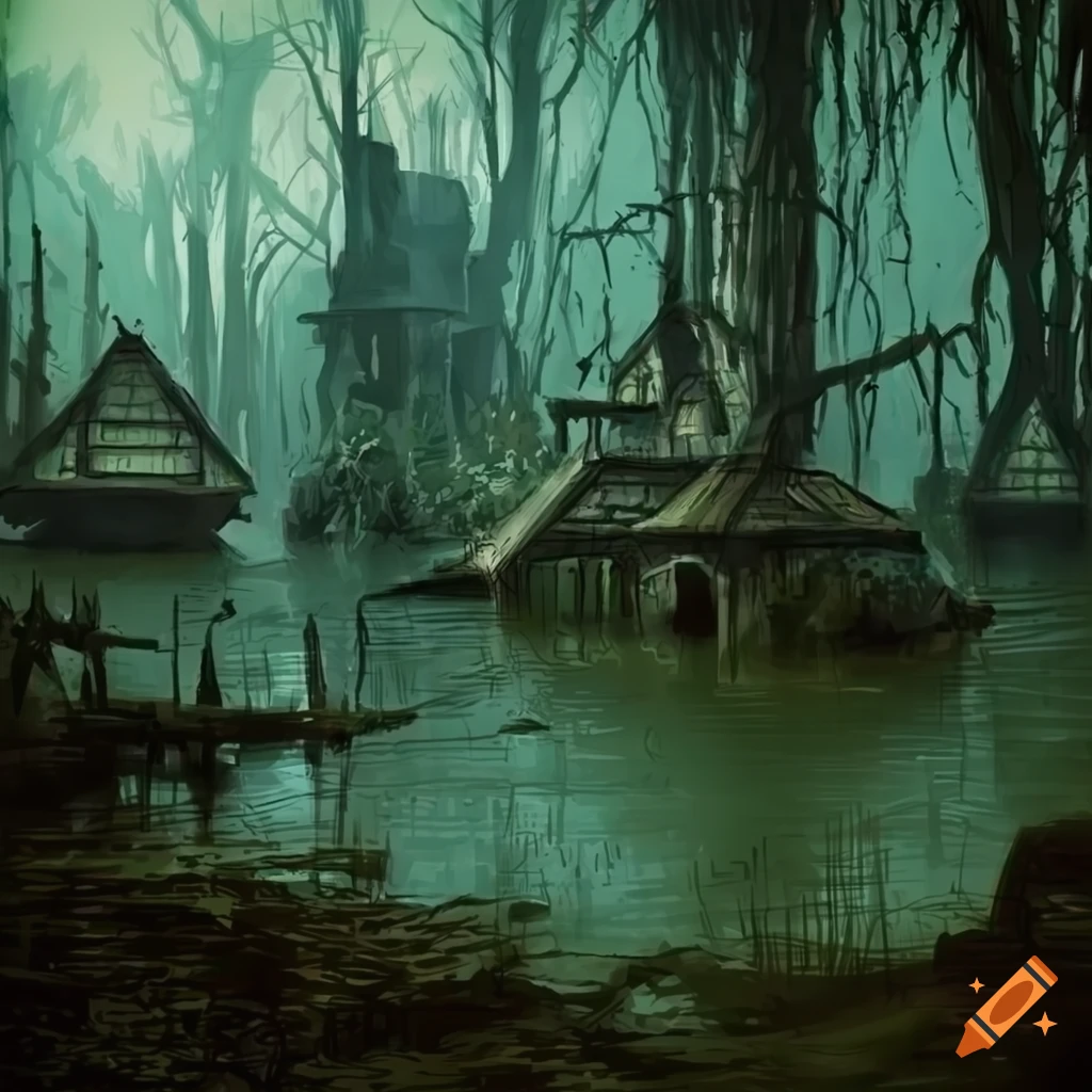 Retro sci-fi art, utopistic fantasy village in a swamp