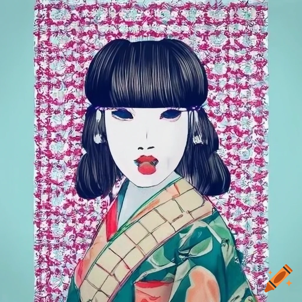 Japanese woman robot in lush kimono in komon print pattern, inspired by ...