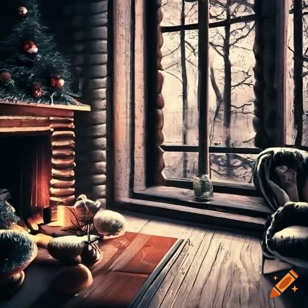 Modern, interior, log cabin, lakehouse, window, winter, christmas, dark ...