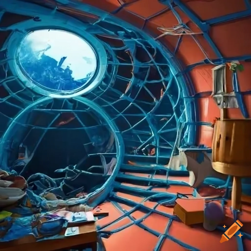 Interior of a messy and crammed space dome on Craiyon