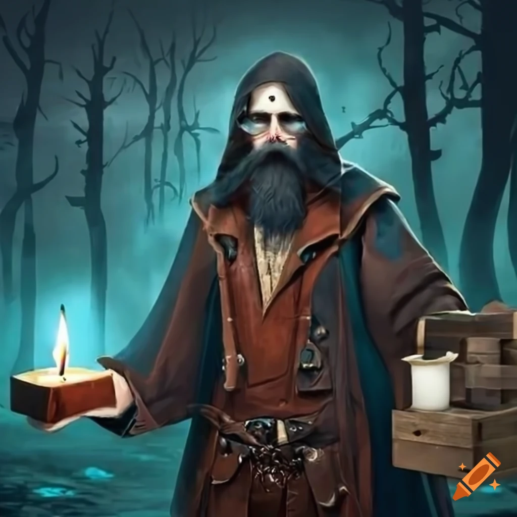 Dark fantasy wizard, with leather patchwork cloak, round glasses, beard ...