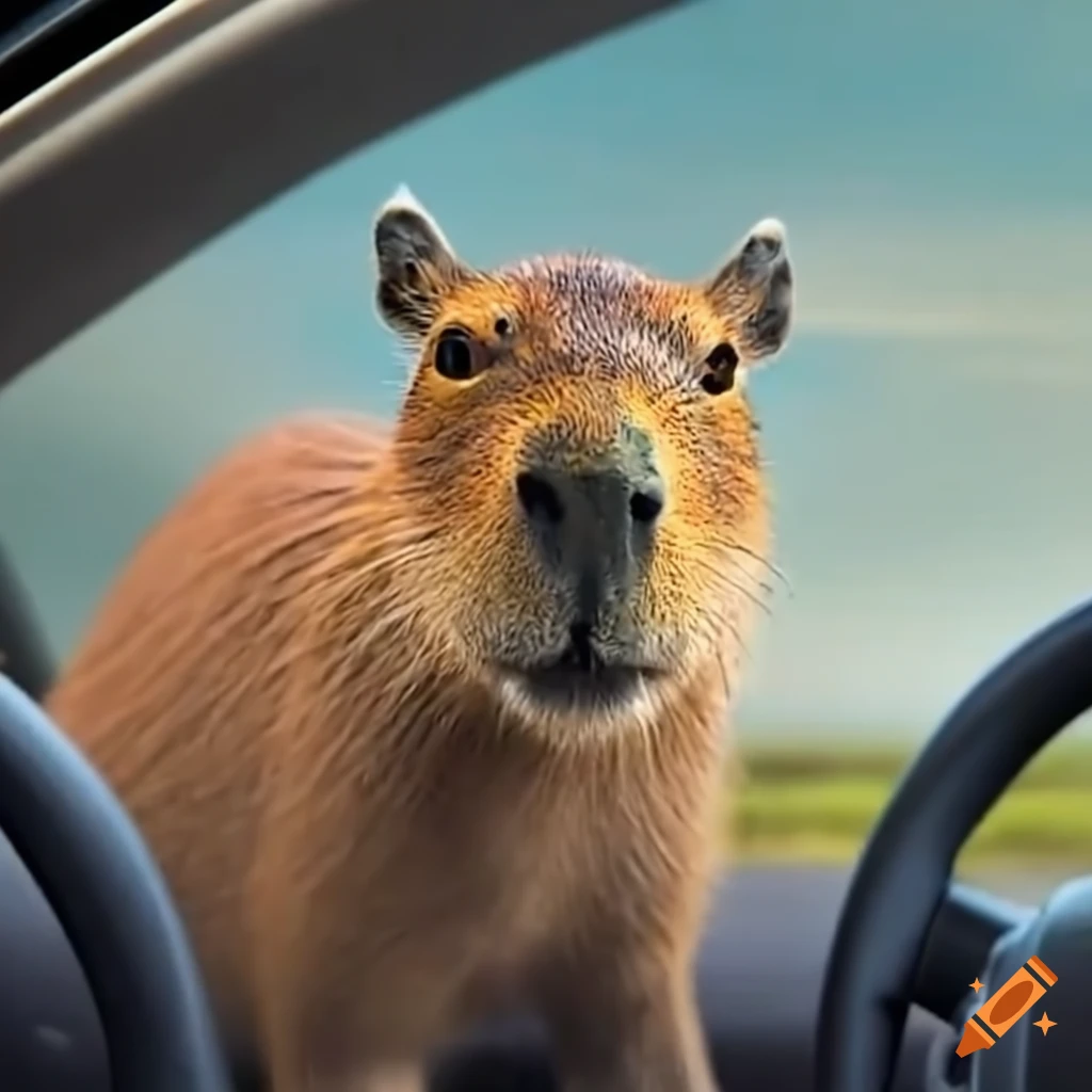 Capybara driving with caracal in a car on Craiyon