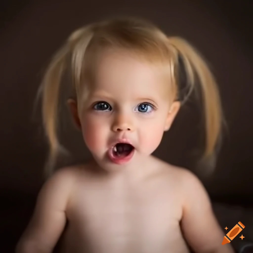 Toddler girl in bed blonde pigtails mouth open on Craiyon